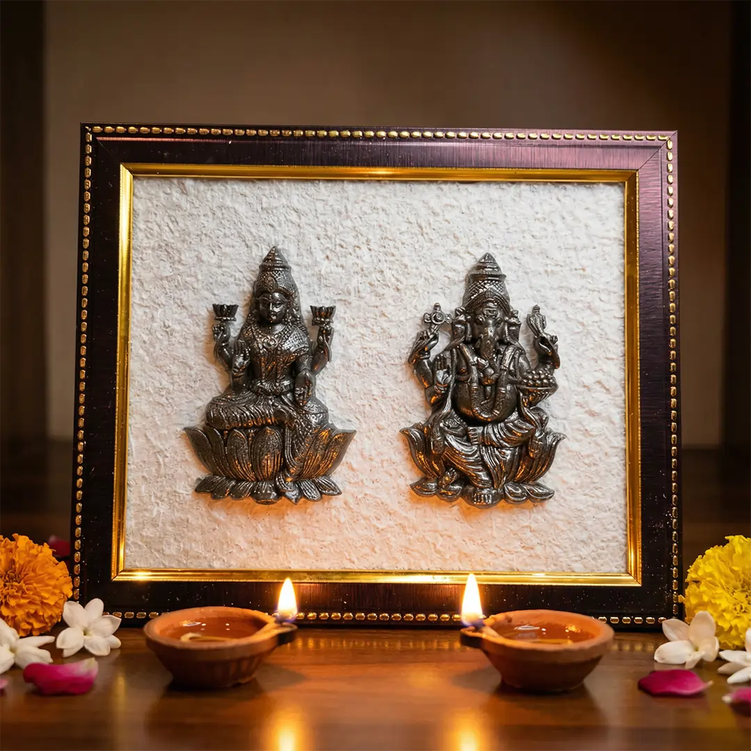 Pyrite Lakshmi Ganesh Ji On Selenite Frame – Astromudra